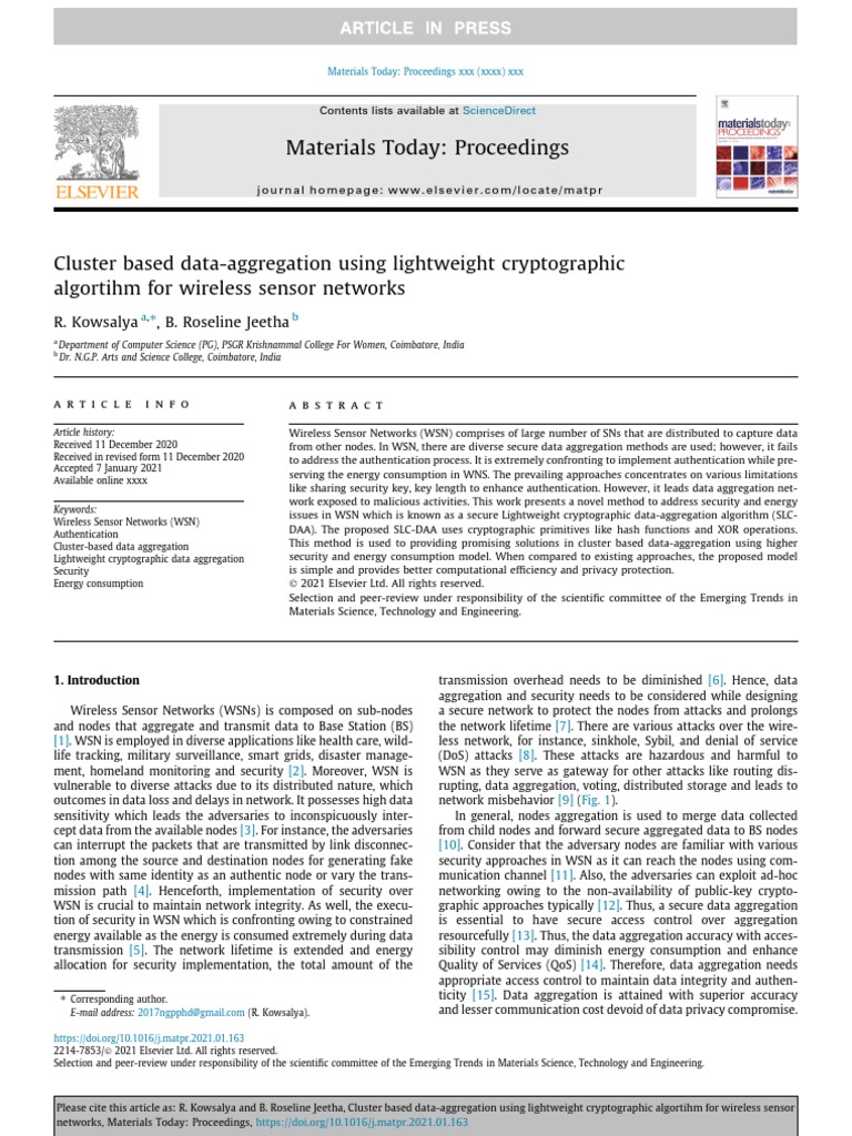 Cluster Based Data Aggregation Using Lightweight Cryptographic Pdf Wireless Sensor Network 5037