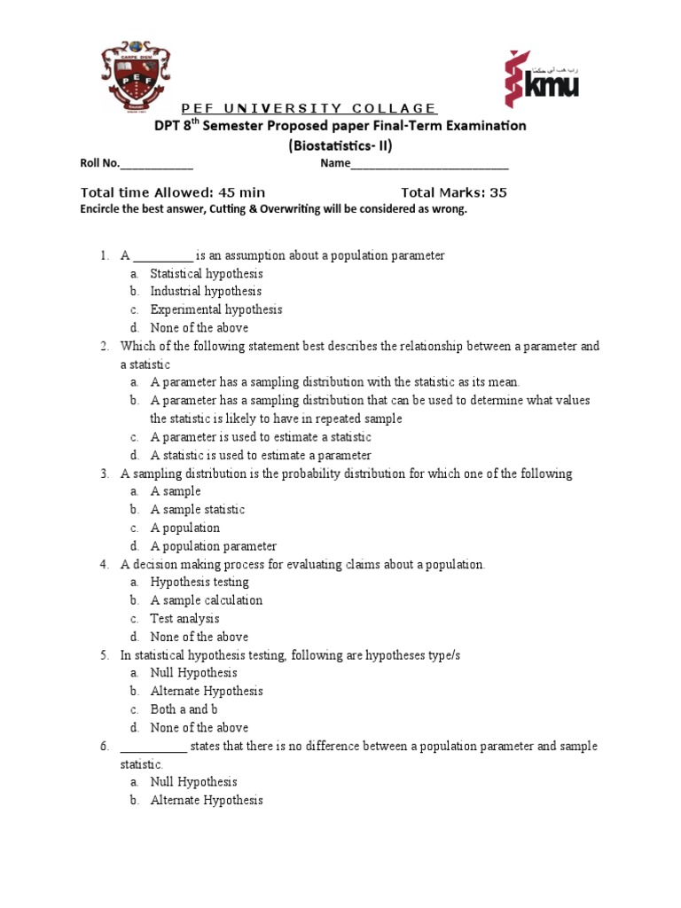 Biostatistics Kmu Final 2020 With Key | PDF | Type I And Type Ii Errors ...