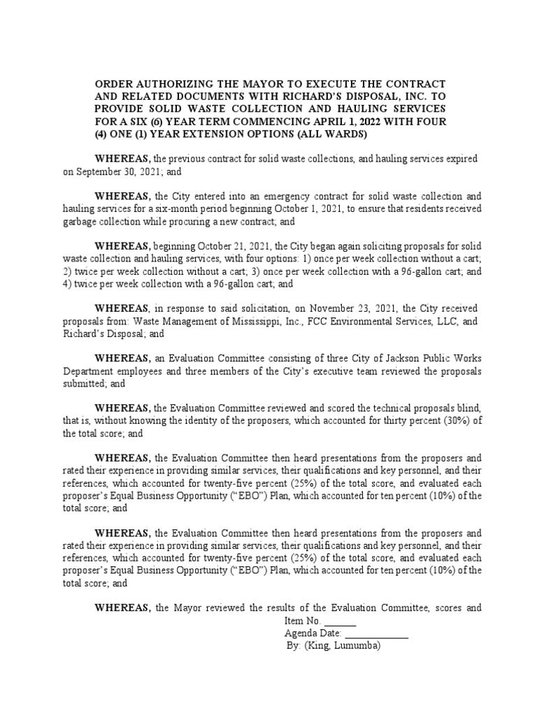 Order Solid Waste Contract 2-4-22 | PDF | Waste Management | Municipal ...