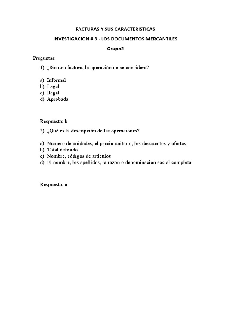Facturas y Sus Caracteristicas - Preguntas - Inv3 | PDF