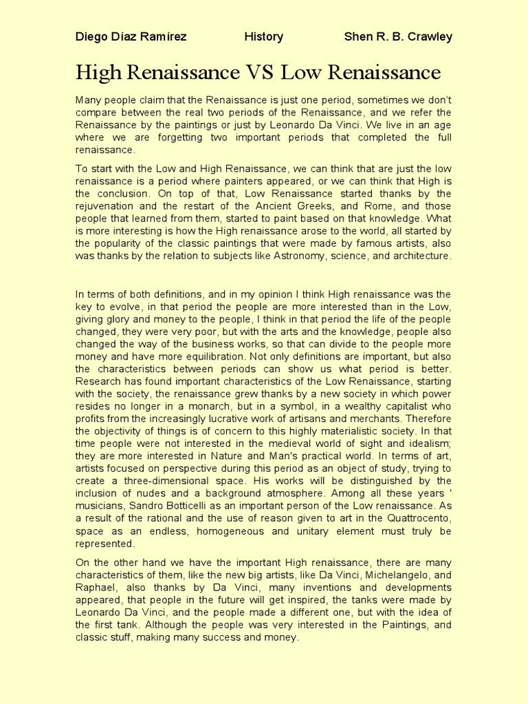 High Renaissance VS Low Renaissance | PDF | Renaissance | Leonardo Da Vinci