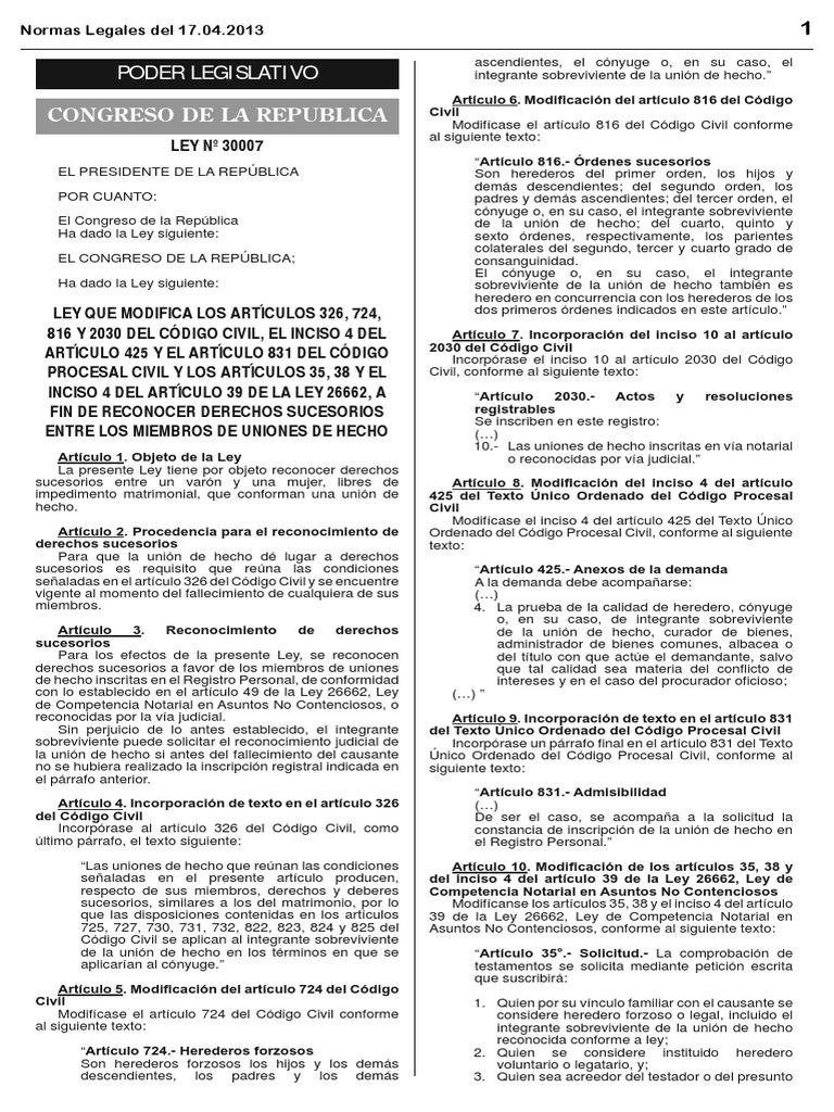 Ley 30007 - Union de Hecho | PDF | Asociación doméstica | Ley procesal