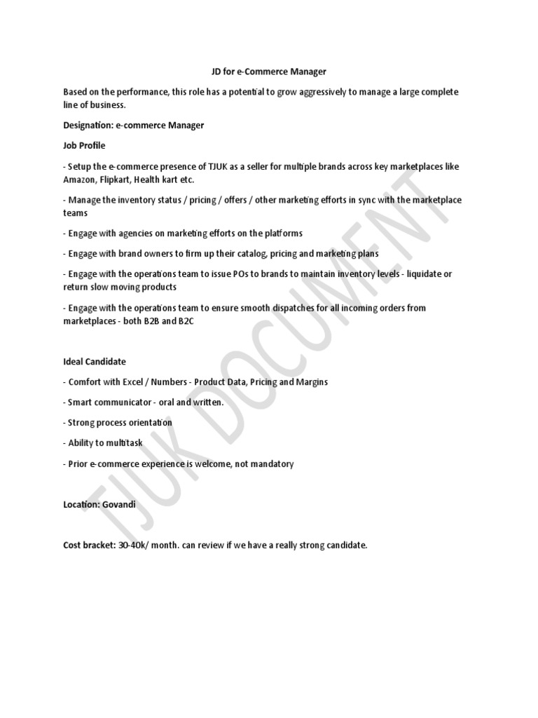 e-Commerce Manager Job Description | PDF
