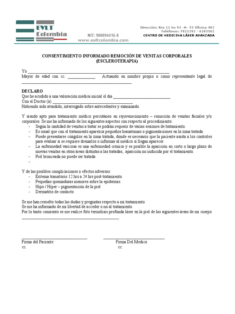 Consentimiento Informado Escleroterapia | PDF | Especialidades Medicas | Epidemiología