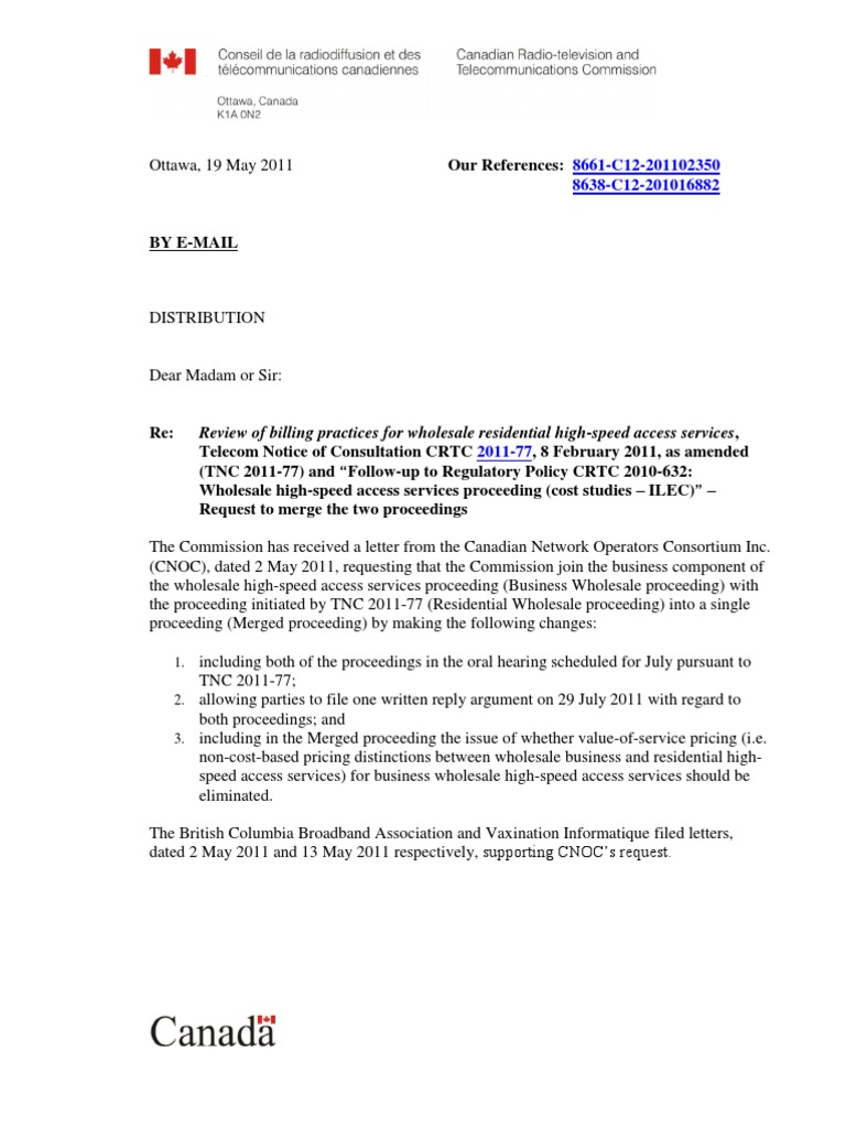 2011-77 Commission Letter Re CNOC Request for Merging Proceedings ...