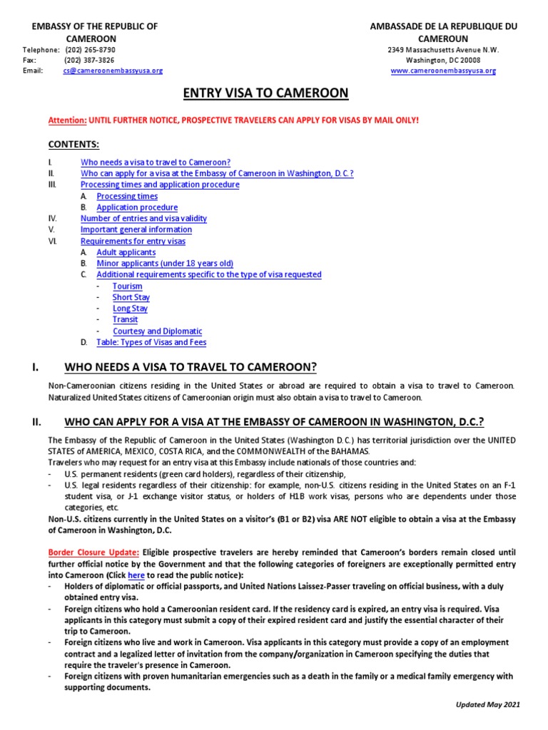 Entry Visa To Cameroon: Contents | PDF | Travel Visa | Passport
