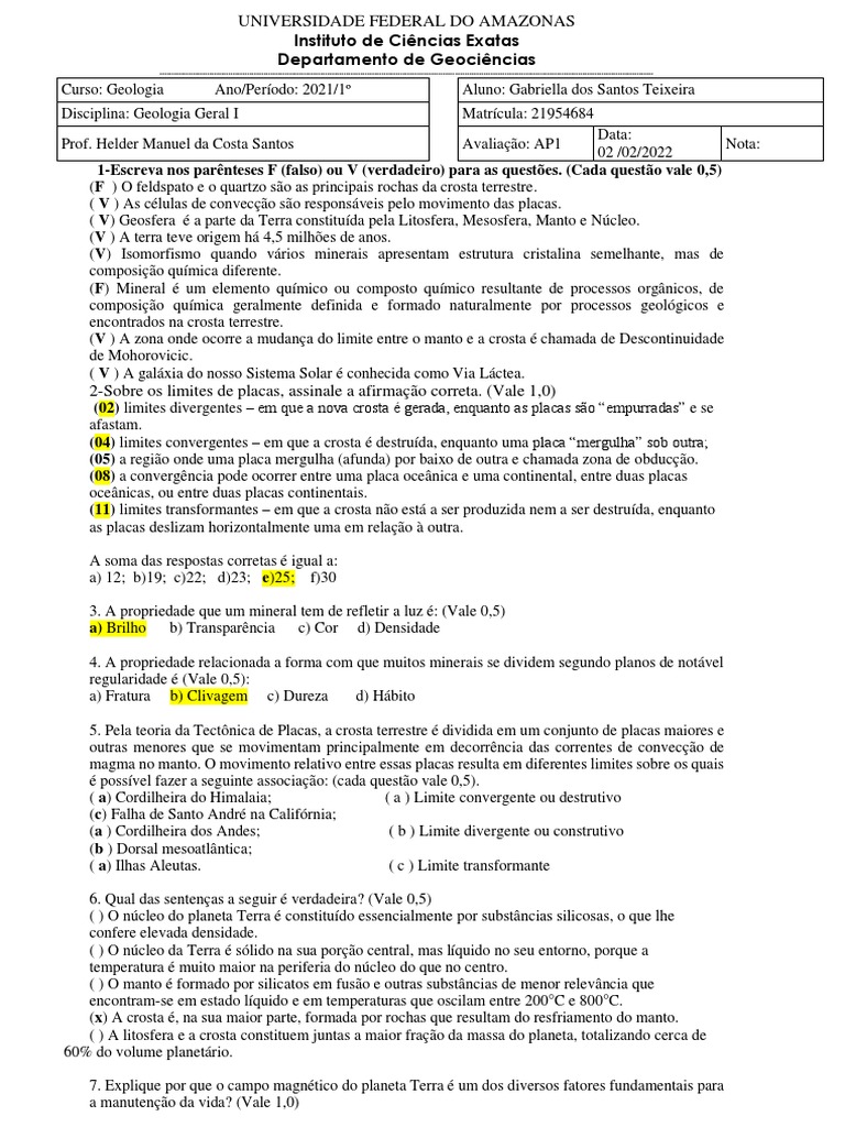 Prova Geologia | PDF | Terra | Crosta (Geologia)