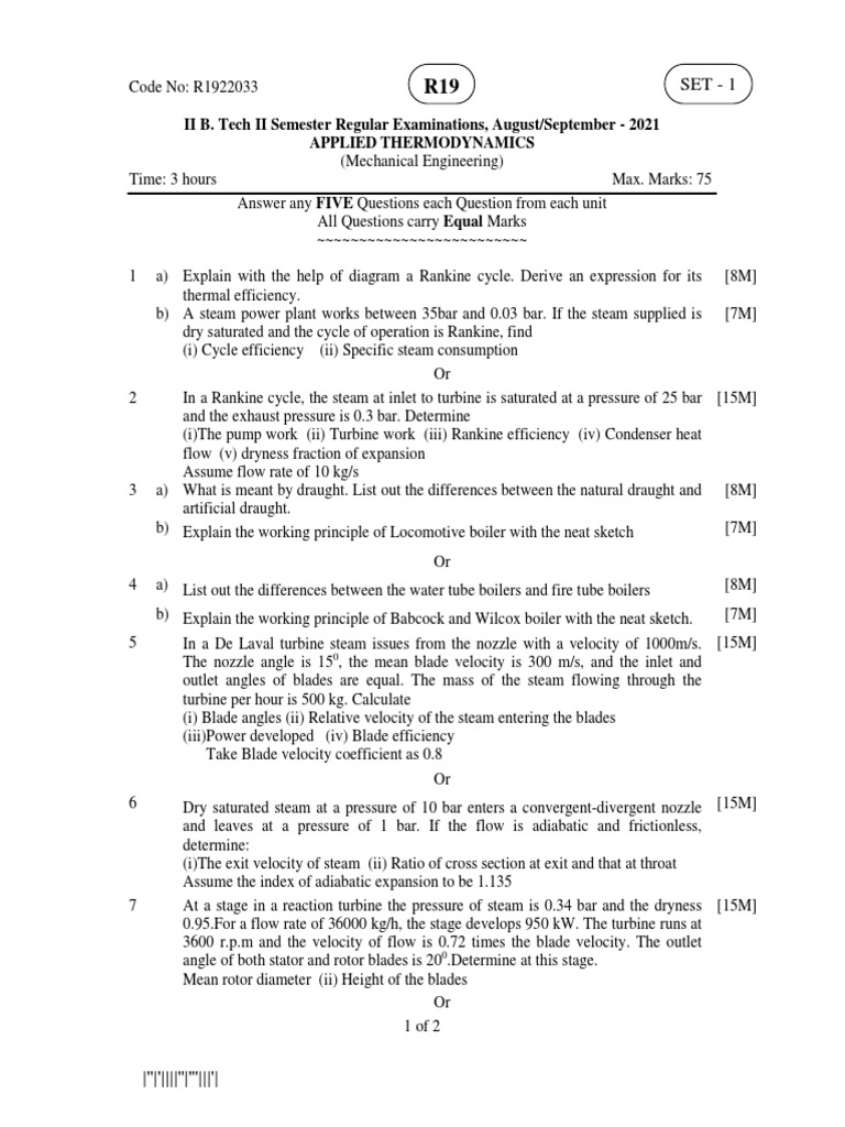 Applied Thermodynamics R19 Aug 2021 | PDF | Turbine | Boiler