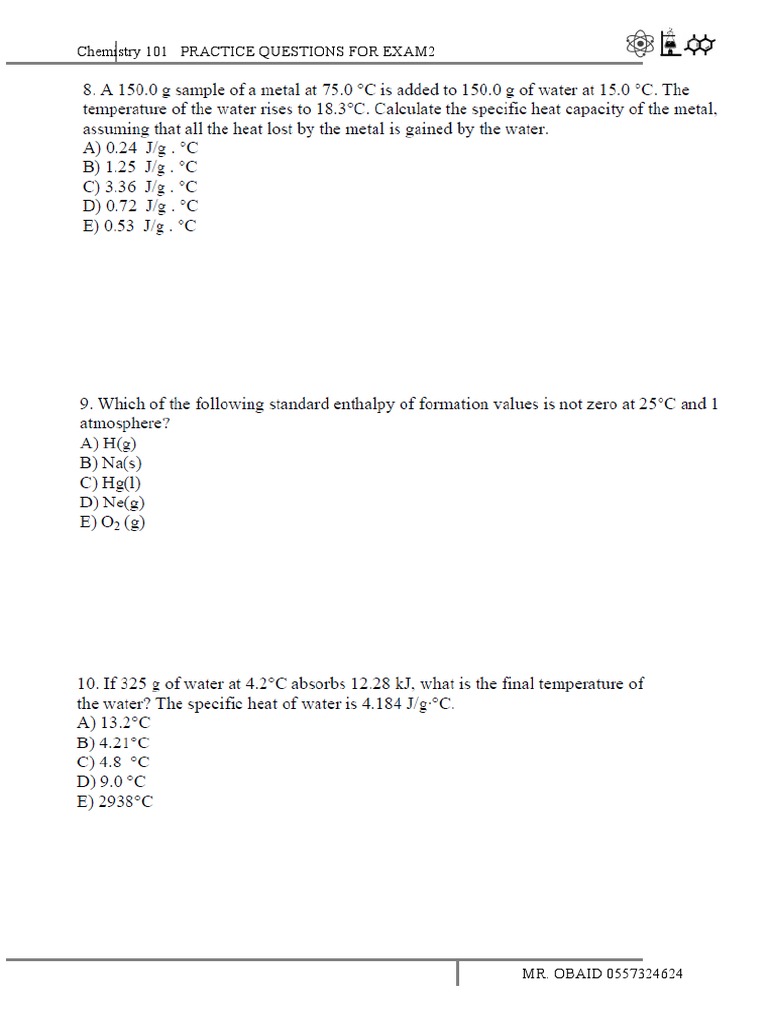Chemistry 101 Practice Questions For Exam2 | PDF