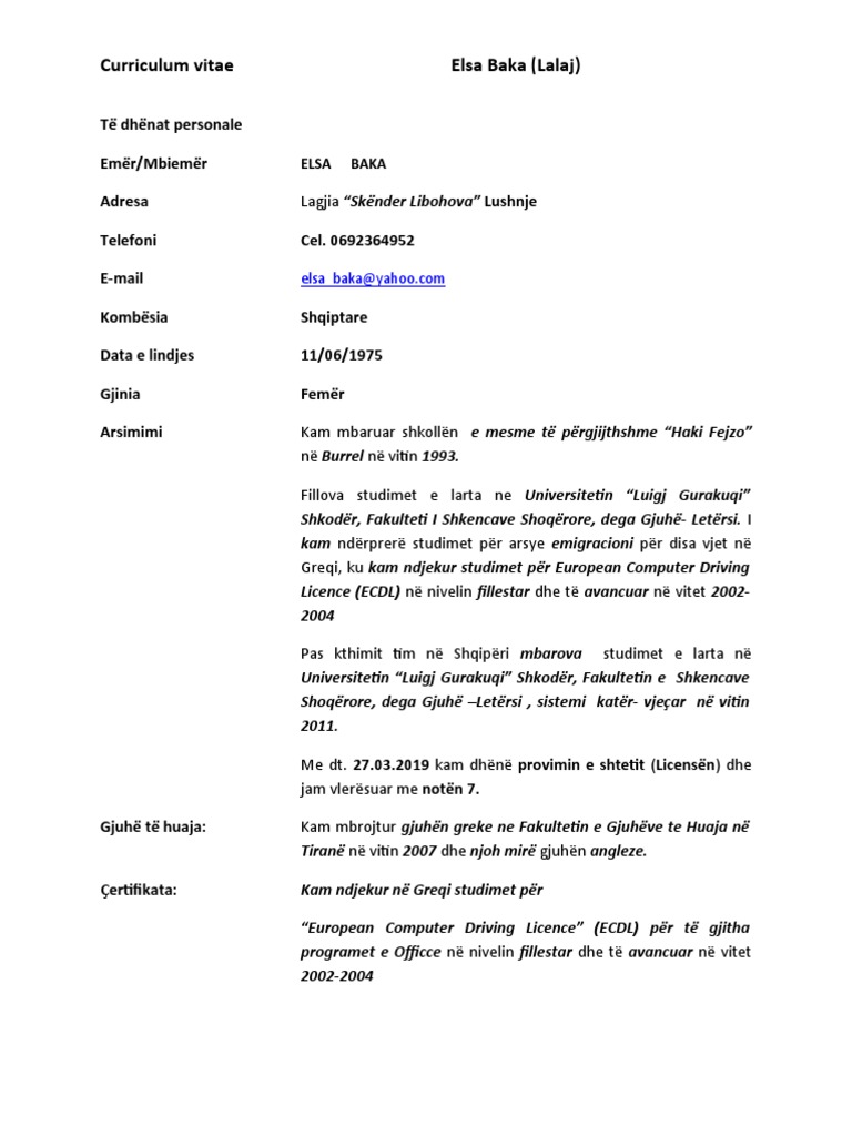 CV Elsa Baka Lalaj 2020 | PDF