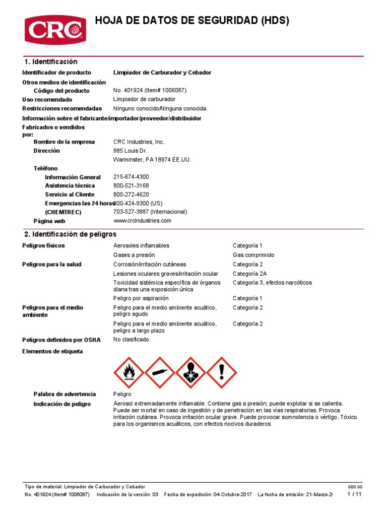 Msds CRC Limpiador de Carburador | PDF | Residuos | Agua