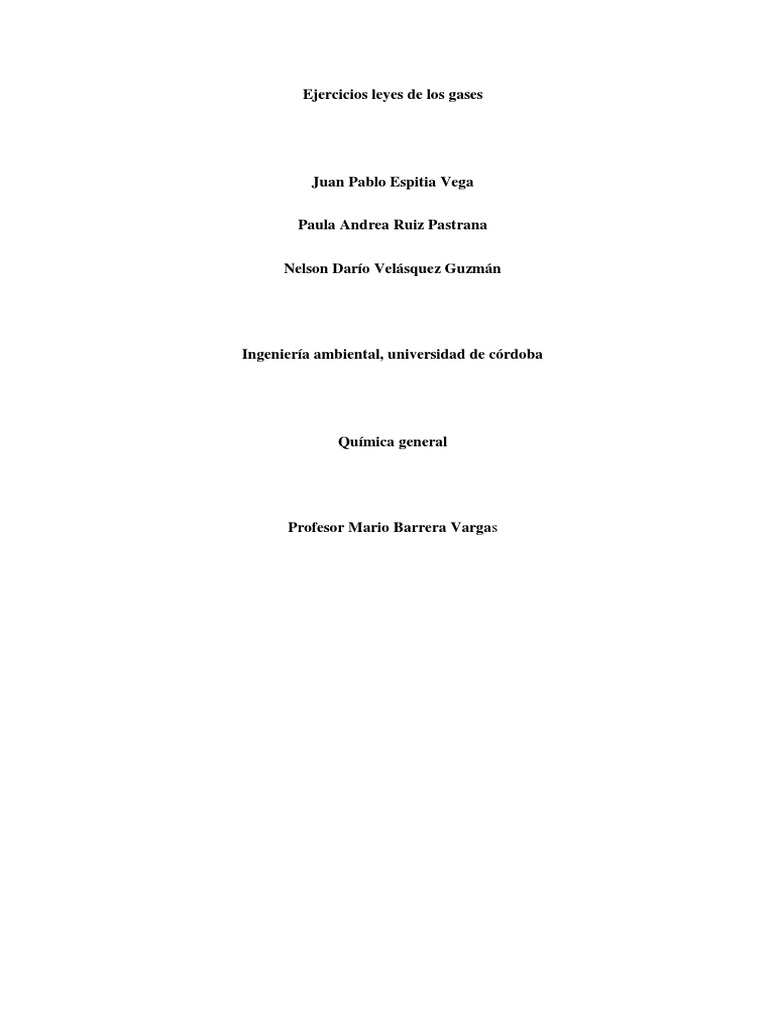 Análisis y resolución de ejercicios sobre las leyes de los gases ideales y reales | PDF | Gases ...