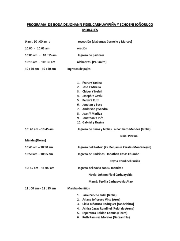 Programa de Boda de Johann Fidel Carhuaypiña y Schoeni Joñoruco Morales ...