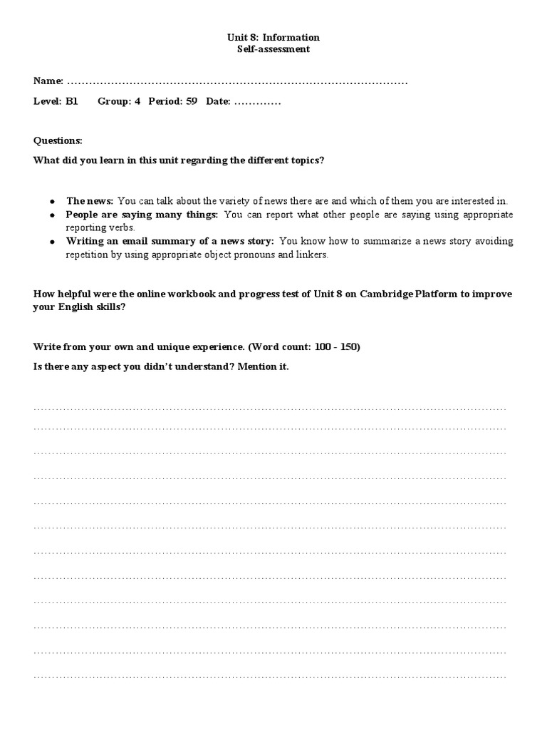 Unit 8 Information Self-Assessment | PDF | Linguistics | Grammar