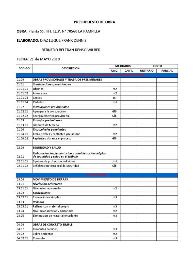 Metrado Plano Costos y Presupuestos | PDF | Hormigón | Ingeniero civil