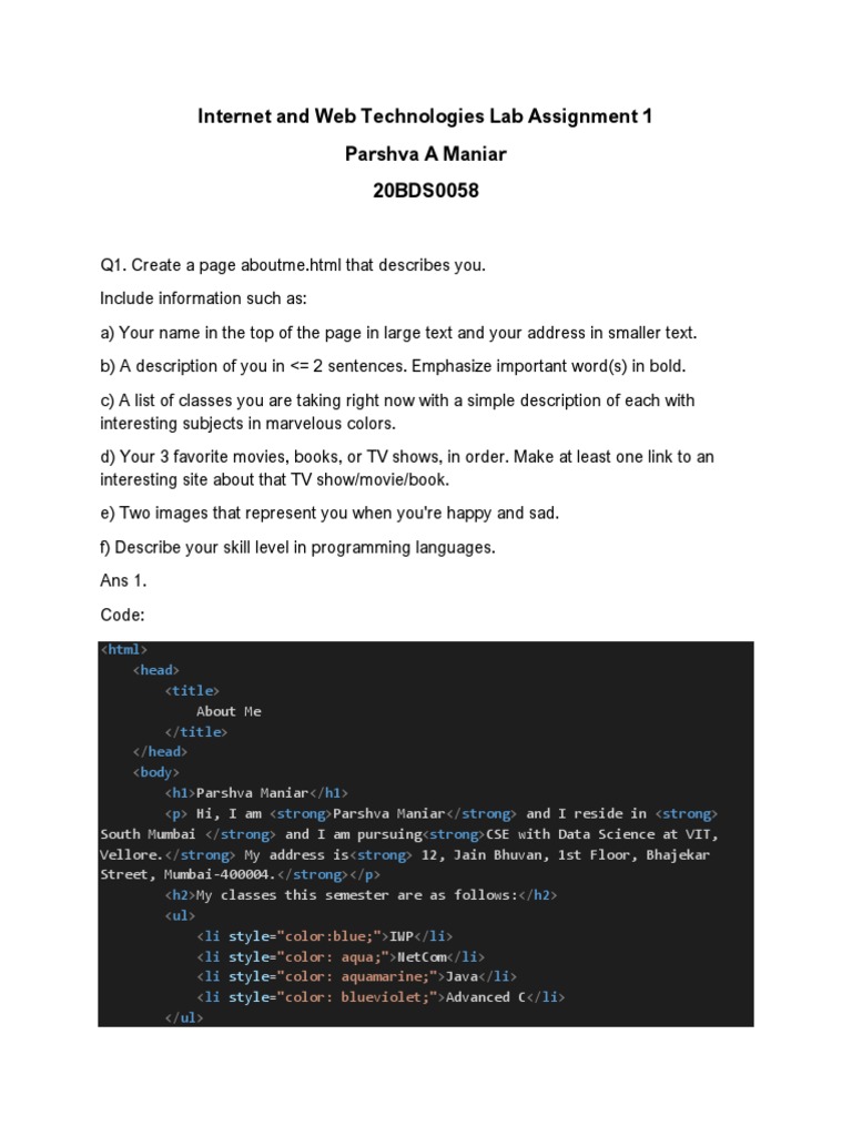 Internet and Web Technologies Lab Assignment 1 Parshva A Maniar 20BDS0058 | Download Free PDF ...