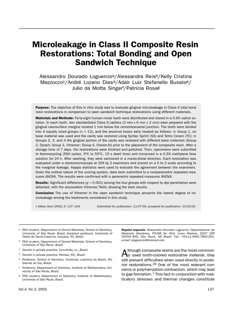 Microleakage In Class Ii Composite Resin Restorations Total Bonding And Open Sandwich