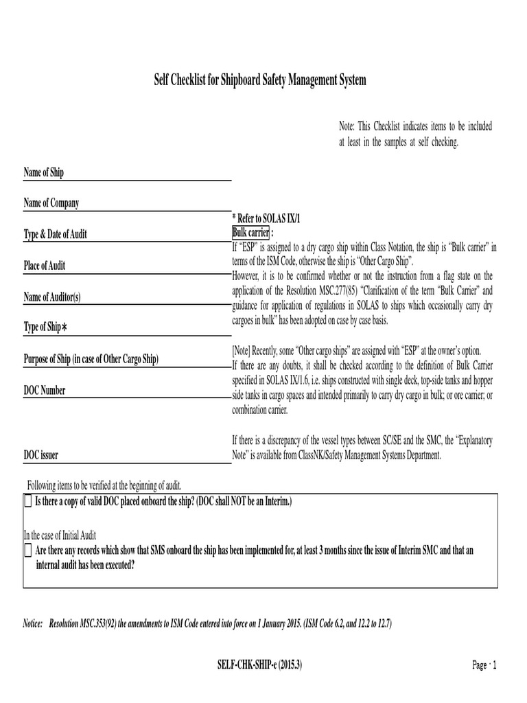 Self Checklist For Shipboard Safety Management System | PDF | Oil ...