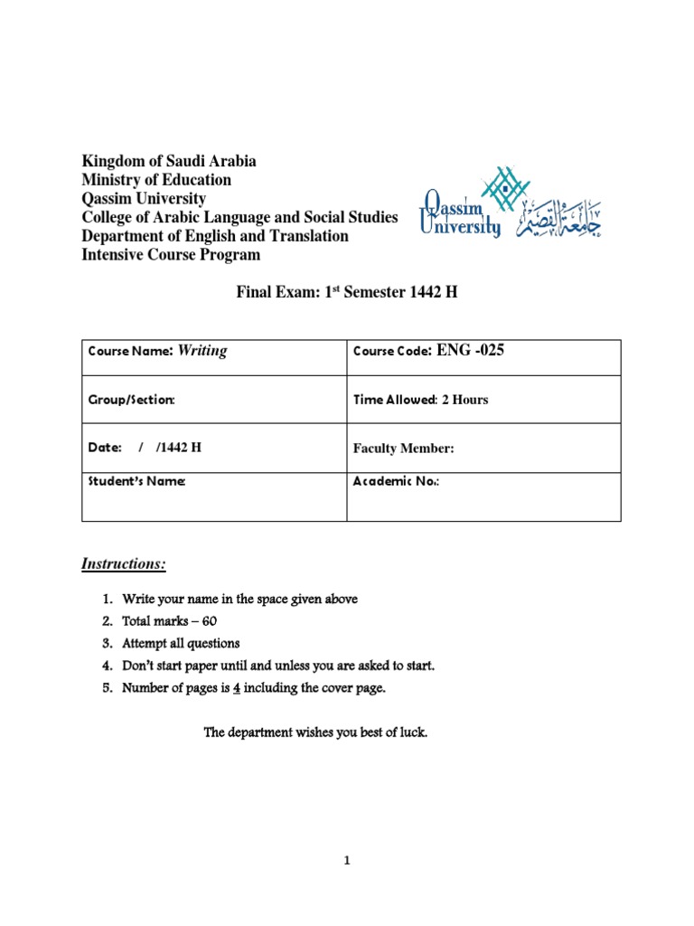 Final Exam: Writing Course ENG-025 | PDF | Ellipsis | Foreign Language ...
