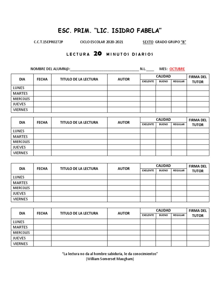 Lectura 20 Minutos - Formato Octubre | PDF