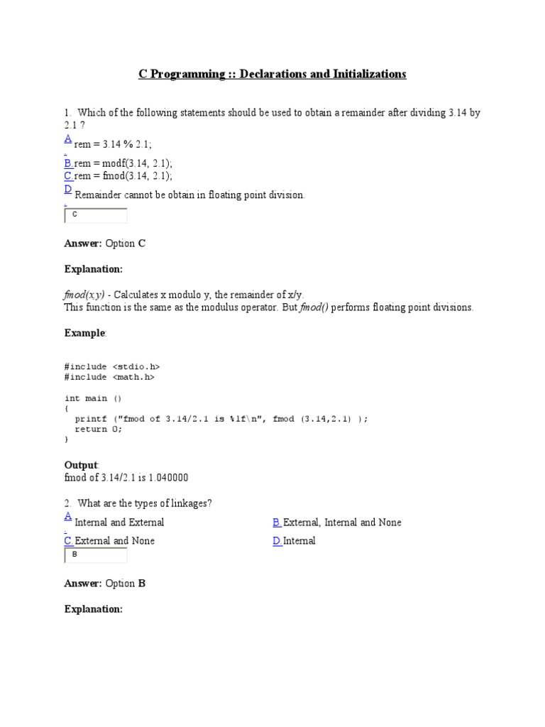 C Programming Declarations And Initializations A B C D Download Free Pdf Pointer