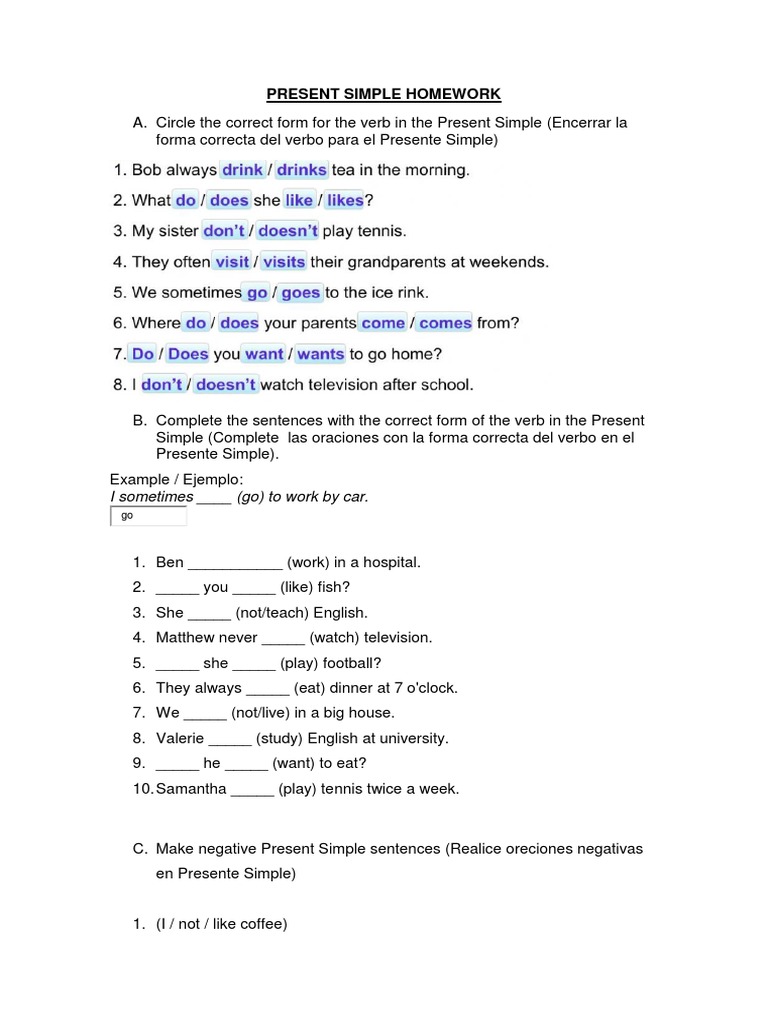 Present Simple Homework | PDF