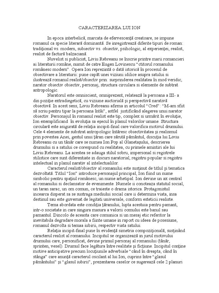 Romanul Ion. Ion. | PDF