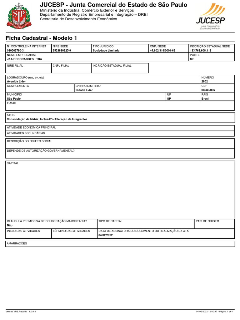 Ficha Cadastral Modelo 1 | Descargar gratis PDF | Economias