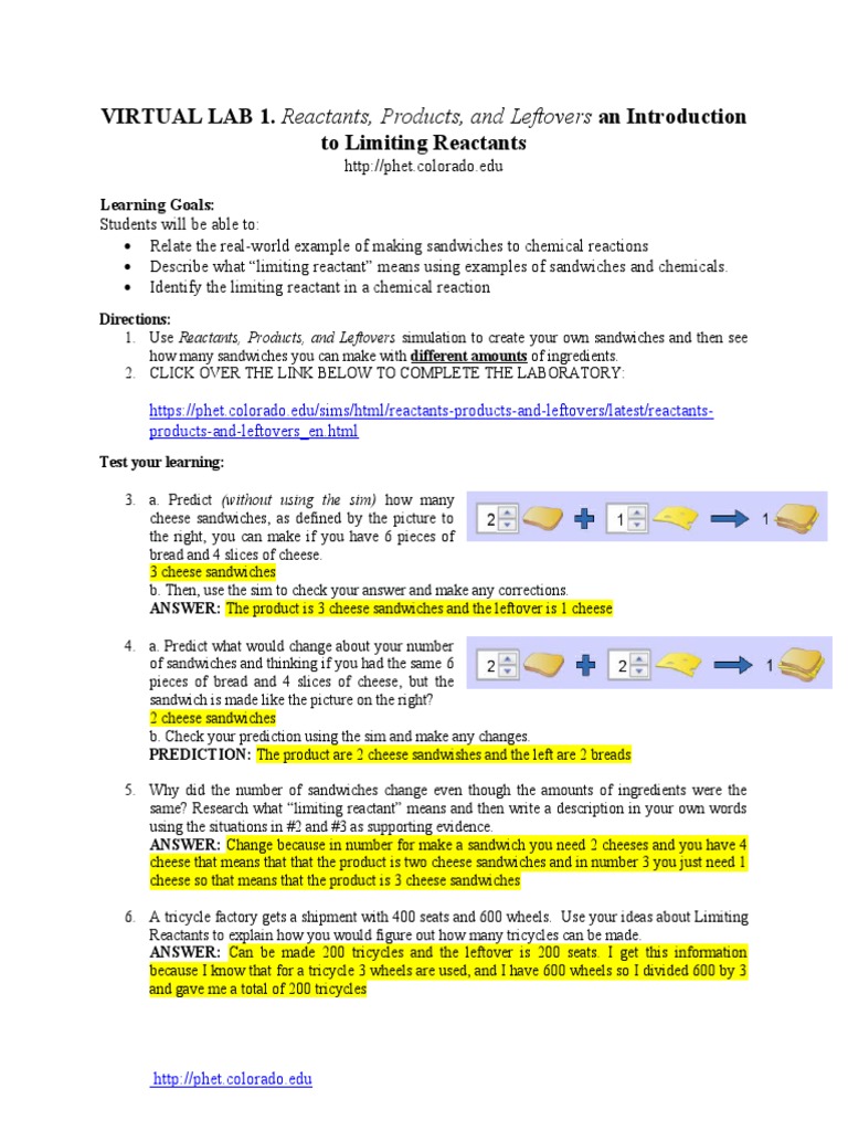 Virtual Laboratory Limiting Reactants 10TH Grade | PDF | Sandwich | Chemical Substances