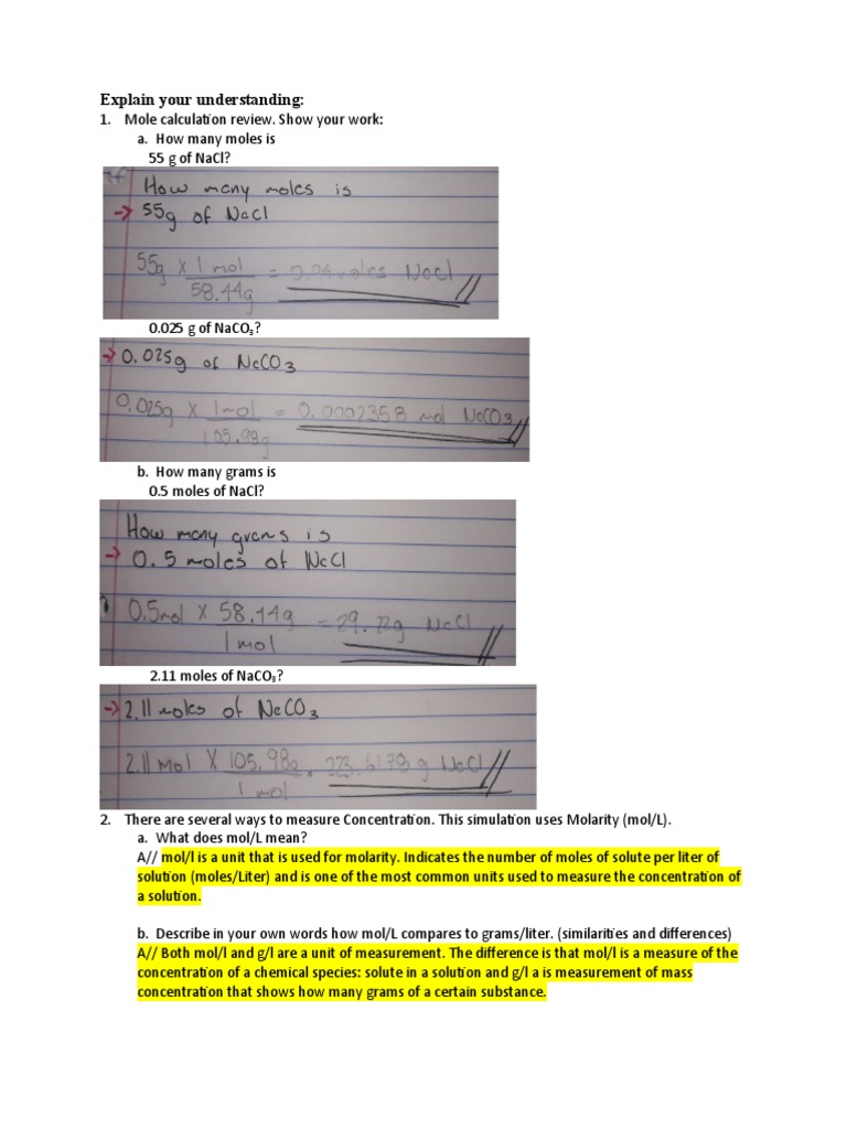 Virtual Lab. Calculating Molarity Part 1 | PDF | Concentration | Mole ...