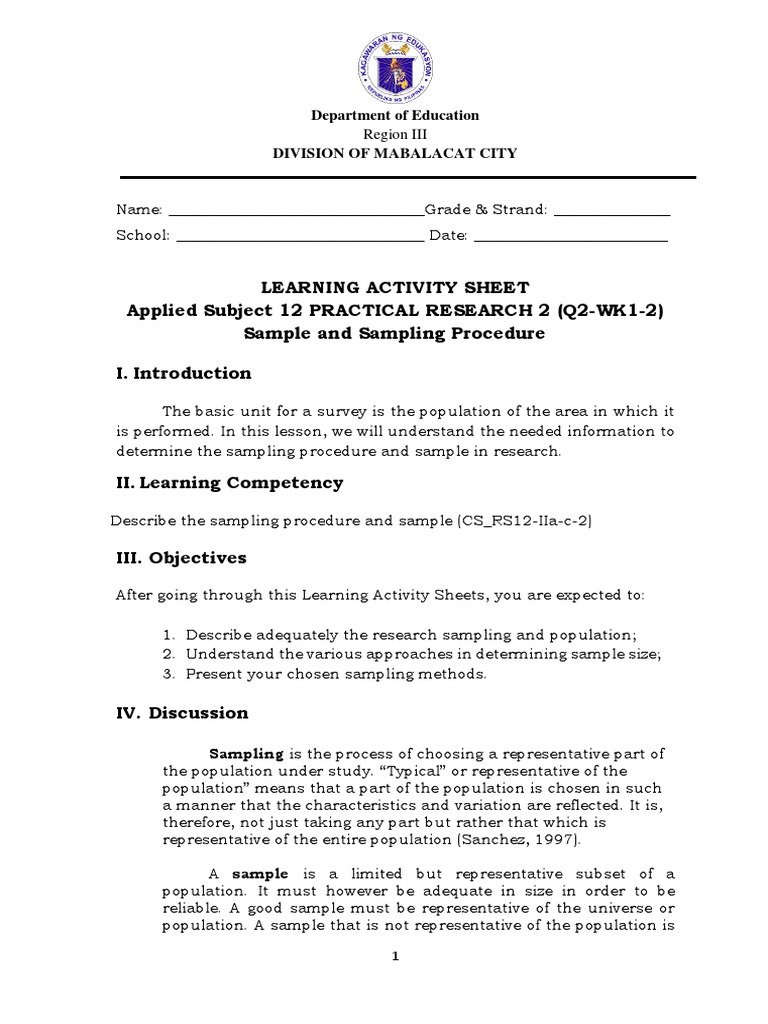 Learning Activity Sheet Applied Subject 12 PRACTICAL RESEARCH 2 (Q2-WK1 ...