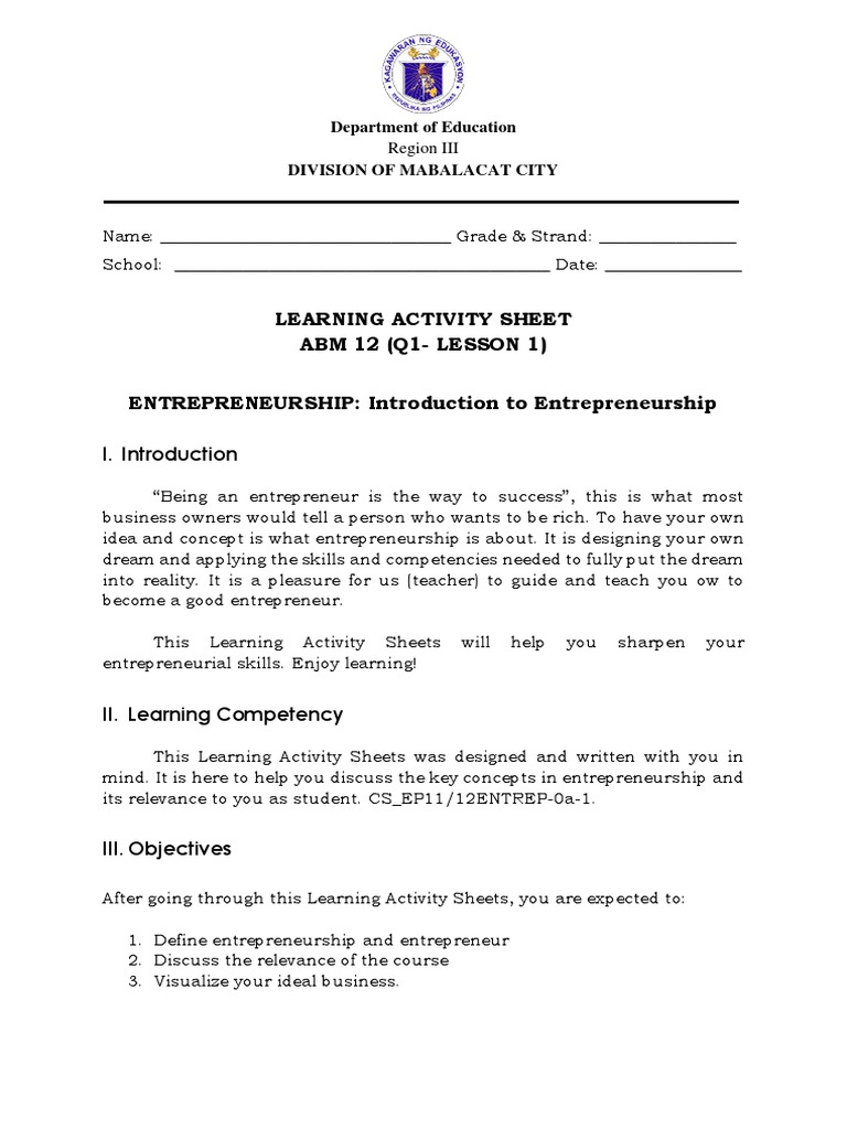 Learning Activity Sheet ABM 12 (Q1-LESSON 1) ENTREPRENEURSHIP ...