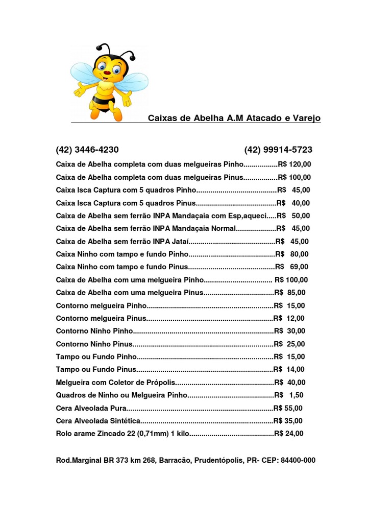 Caixas de Abelha A.M Tabela Preços | PDF