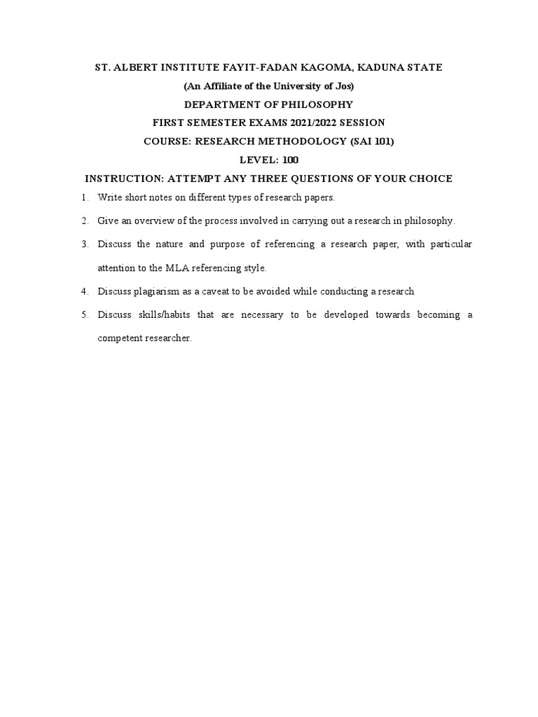 Exam Questions For Research Method PDF