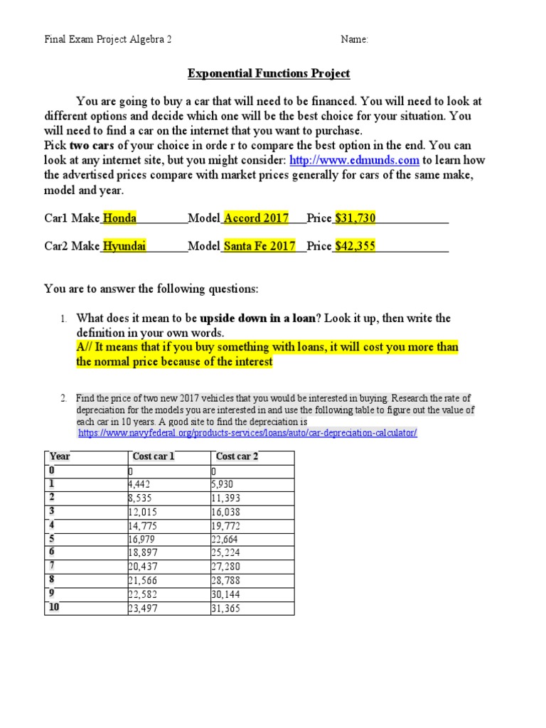 Exponential Functions Project | PDF | Interest | Depreciation