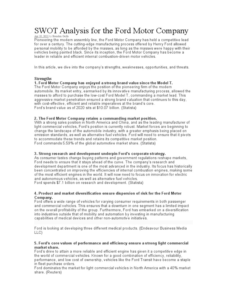 SWOT Analysis For The Ford Motor Company | PDF | Ford Motor Company ...