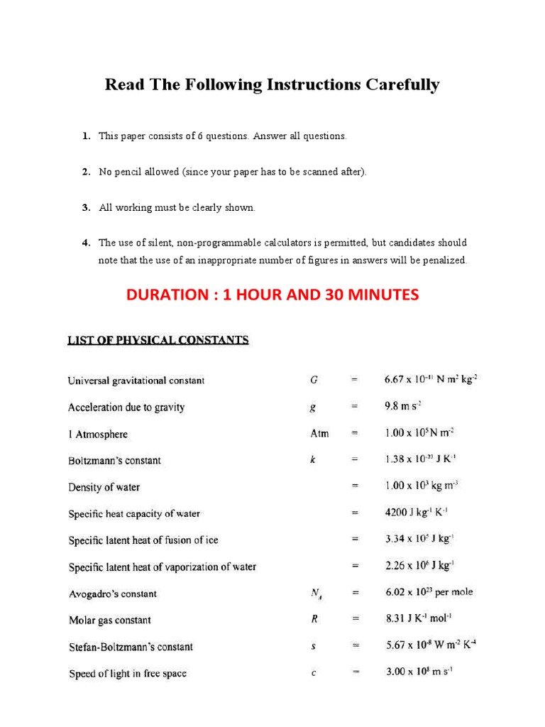 Read The Following Instructions Carefully: Duration: 1 Hour and 30 ...