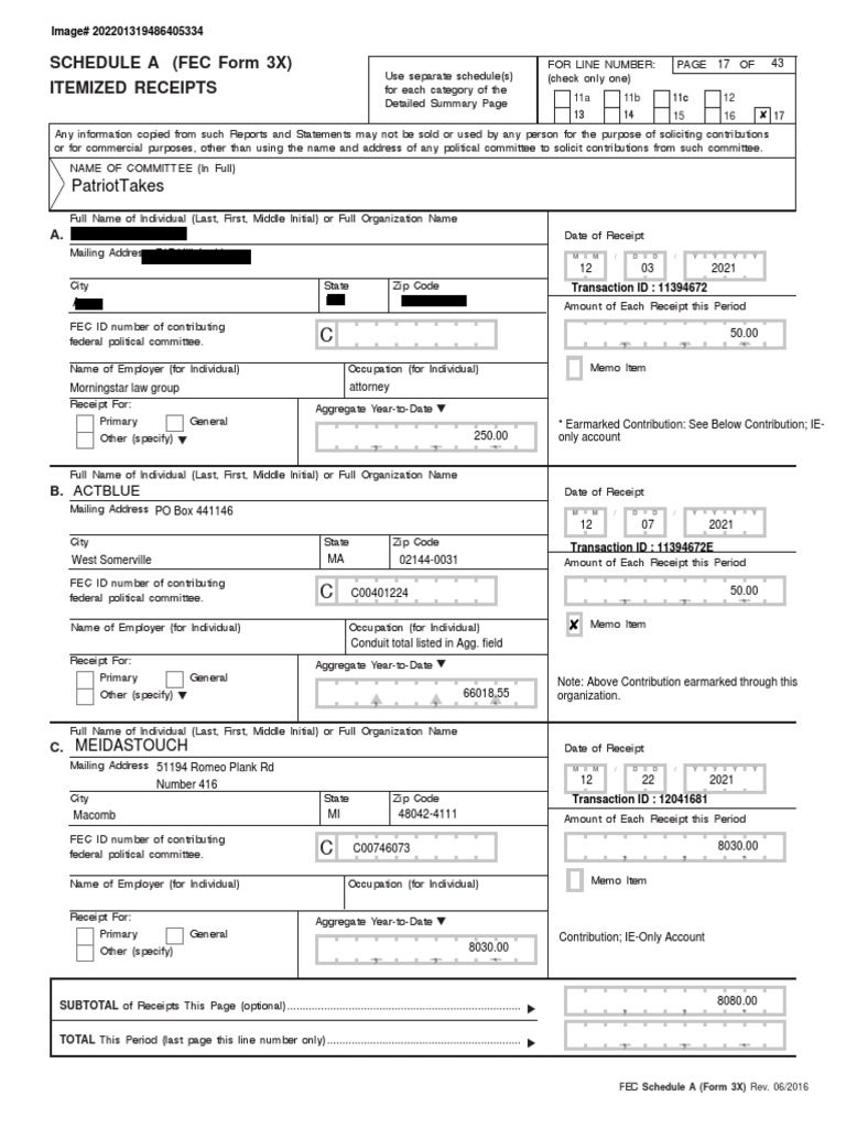 Schedule A Itemized Receipts For Patriot Takes | PDF | Written Communication | Service Industries
