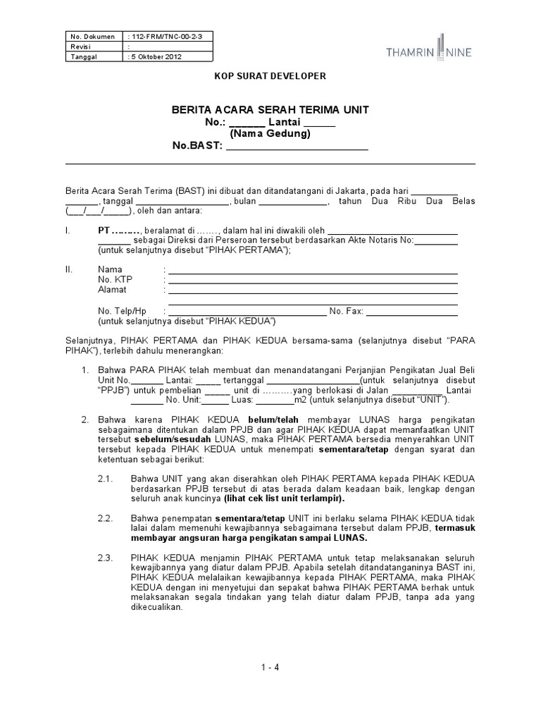 Contoh BAST Serah Terima Unit | PDF | Pengelolaan Keuangan & Uang