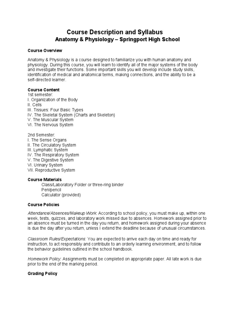 Anatomy & Physiology Course Syllabus | PDF | Lecture | Hypothesis