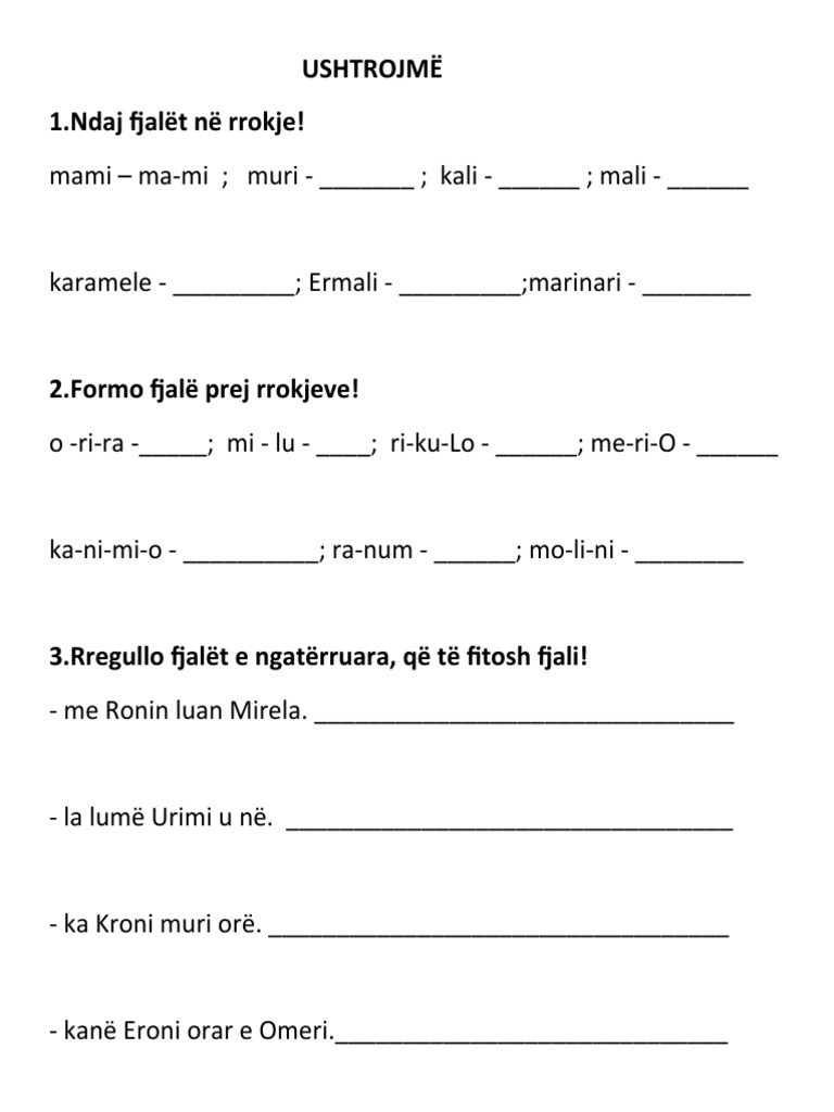 Gj. Shqipe Fletë Pune Fjalë Dhe Fjali | PDF