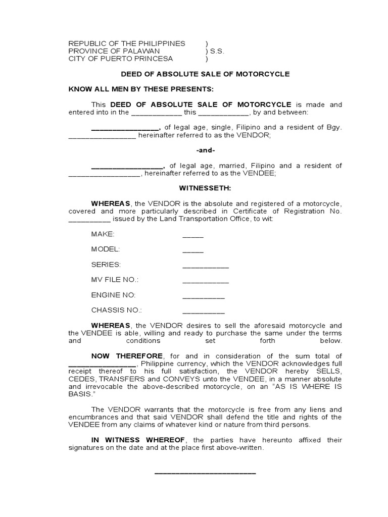 Motorcycle Deed of Absolute Sale Sample | PDF | Deed | Justice