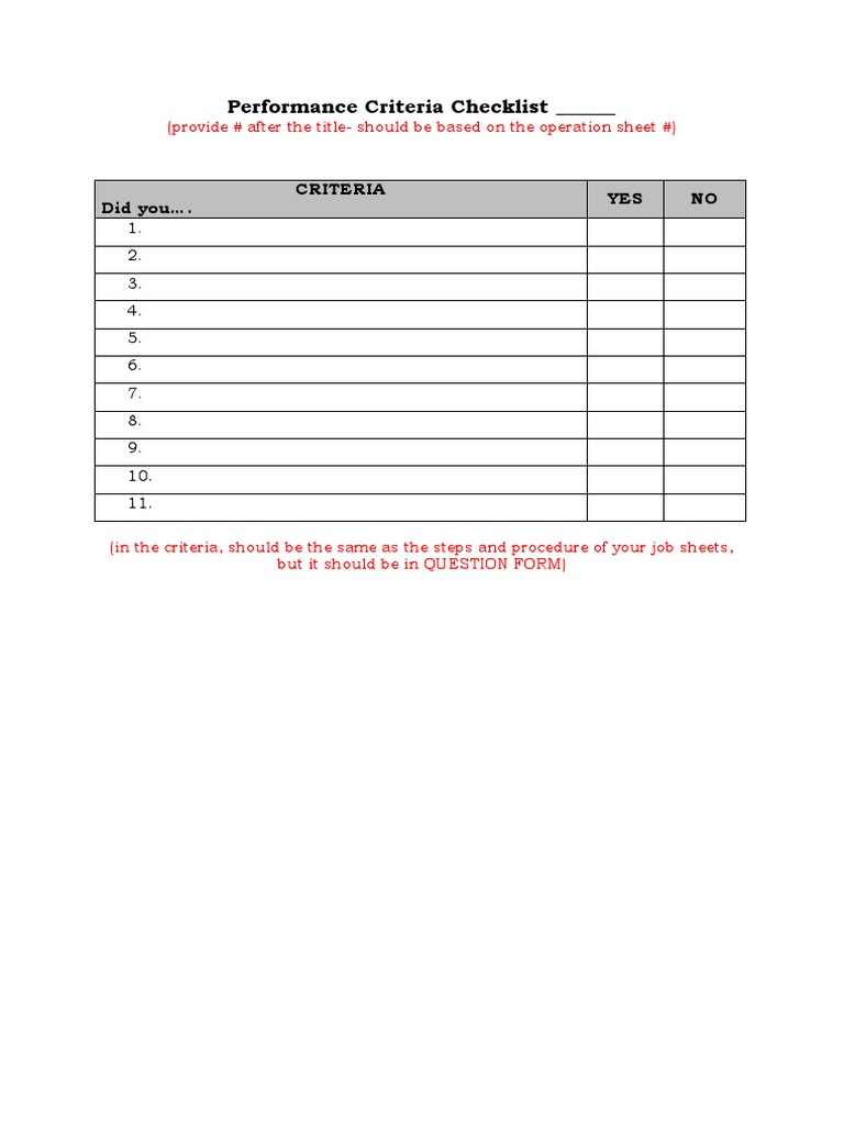 07N Performance Criteria Checklis 1 | PDF | Business | Technology ...