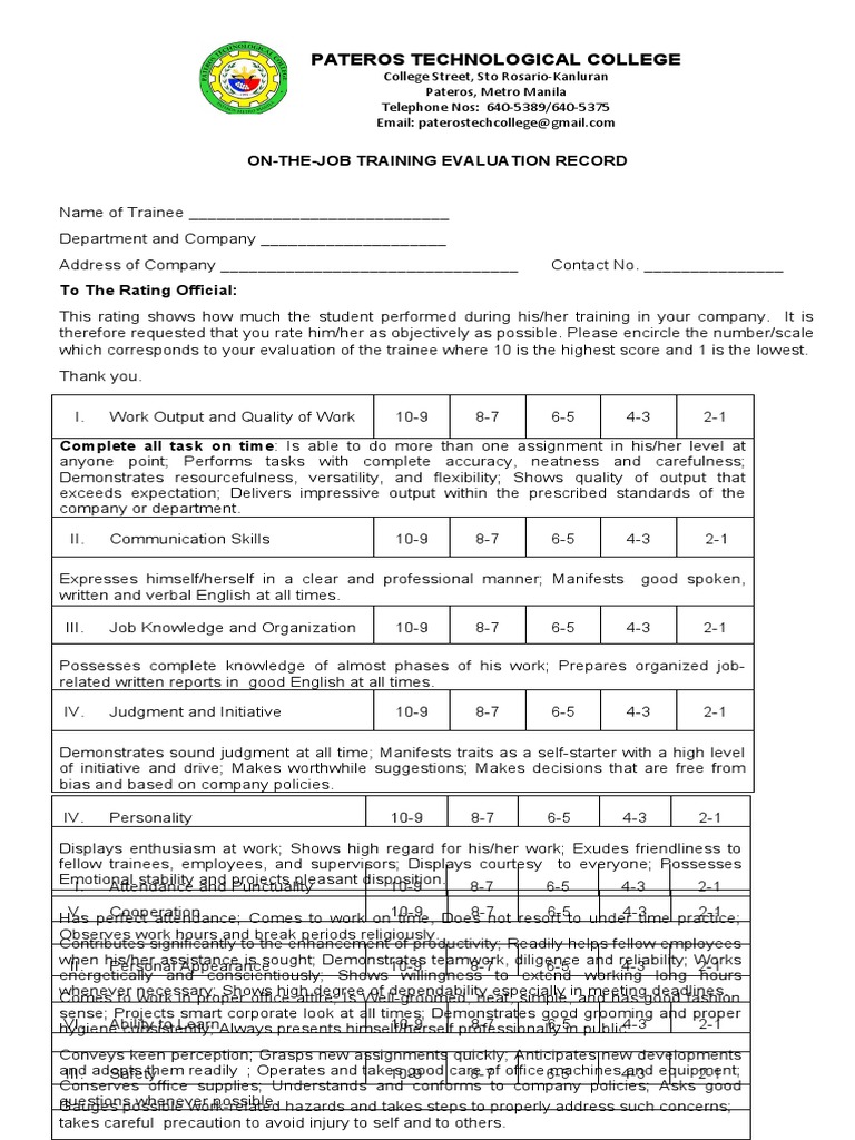 Pateros Technological College: On-The-Job Training Evaluation Record ...