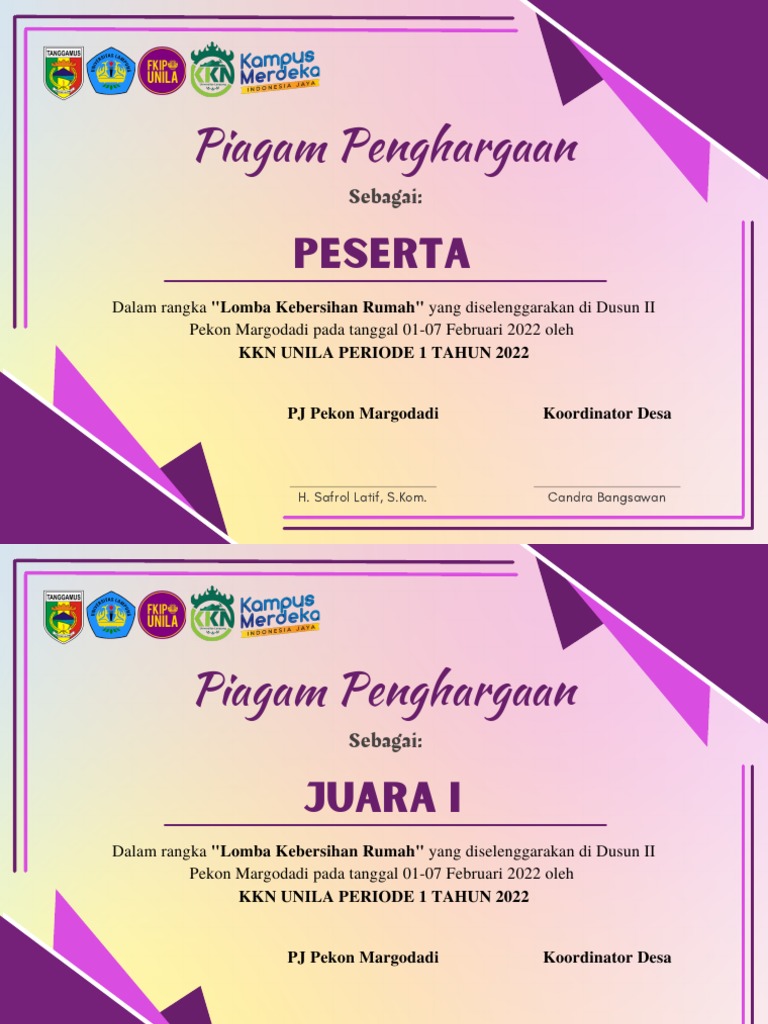 Piagam Penghargaan Lomba Award Certificate | PDF