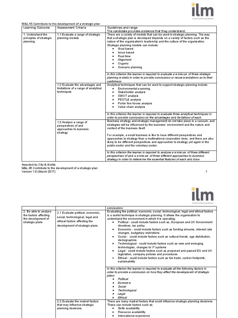 Contribute To The Development of A Strategic Plan ILM Assessment ...