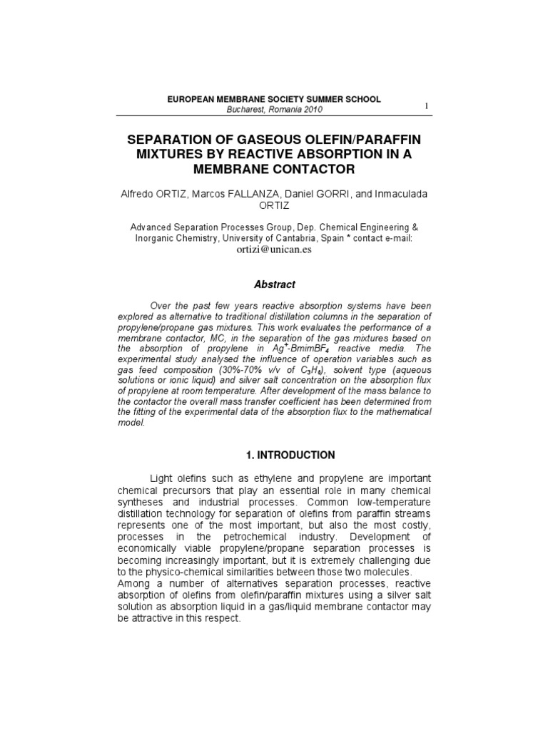 Separation of Olefin-Paraffin Mixtures by Reactive Absorption in A ...