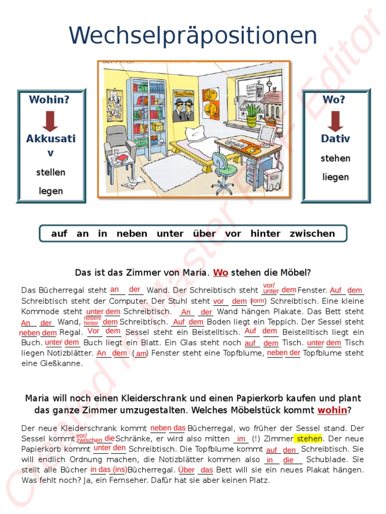 Wechselpräpositionen Arbeitsblatt Lösung | PDF