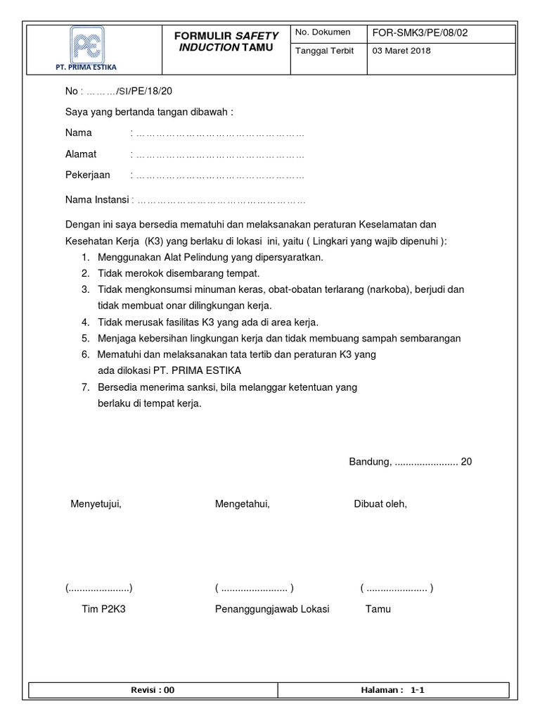 Form Safety Induction Untuk Tamu | PDF