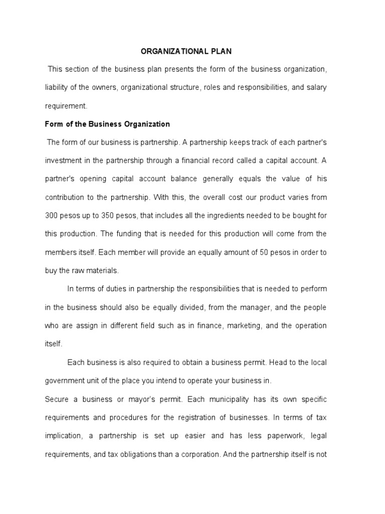 Organizational Plan This Section of The Business Plan Presents The Form ...